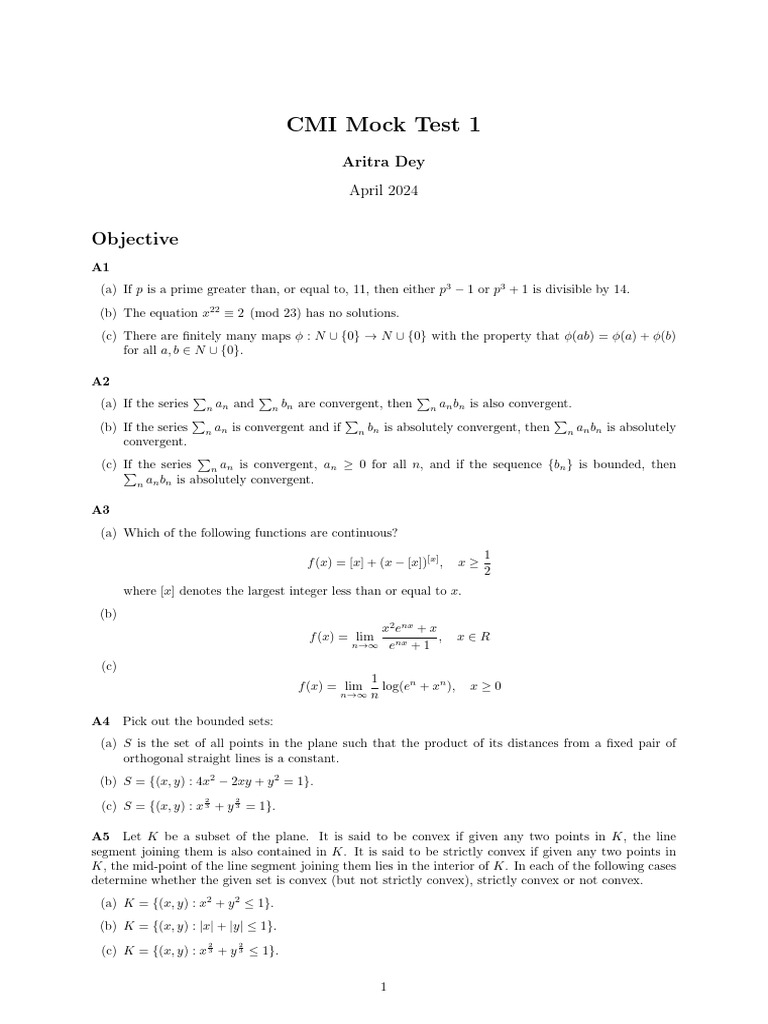 CMI Mock Test 2025 1 | PDF | Area | Mathematical Objects