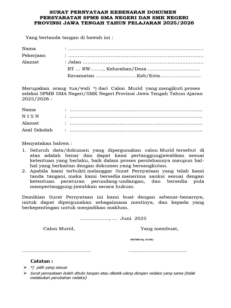 Surat Pernyataan Kebenaran Doc SPMB 2025-1 | PDF