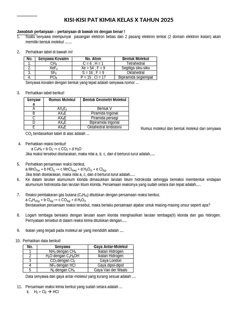 Kisi-Kisi Kimia PAT 2025 - Quinza | PDF