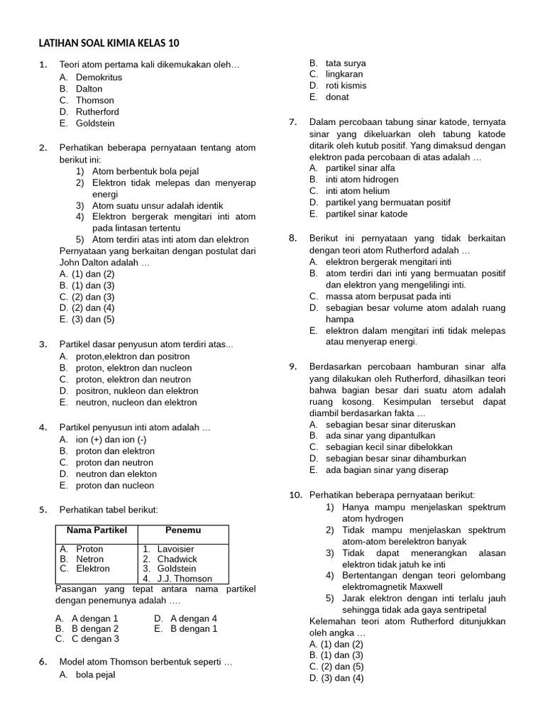 Latihan Soal Kimia Kelas 10 | PDF