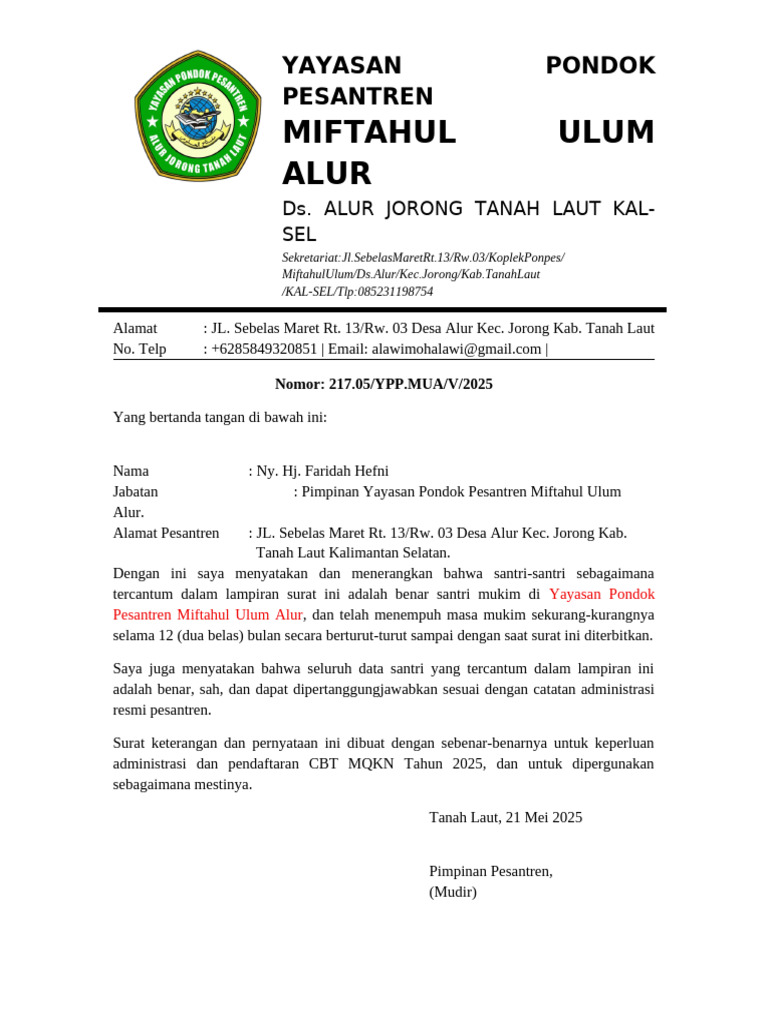 Surat Keterangan Dan Pernyataan Santri Mukim MQK | PDF