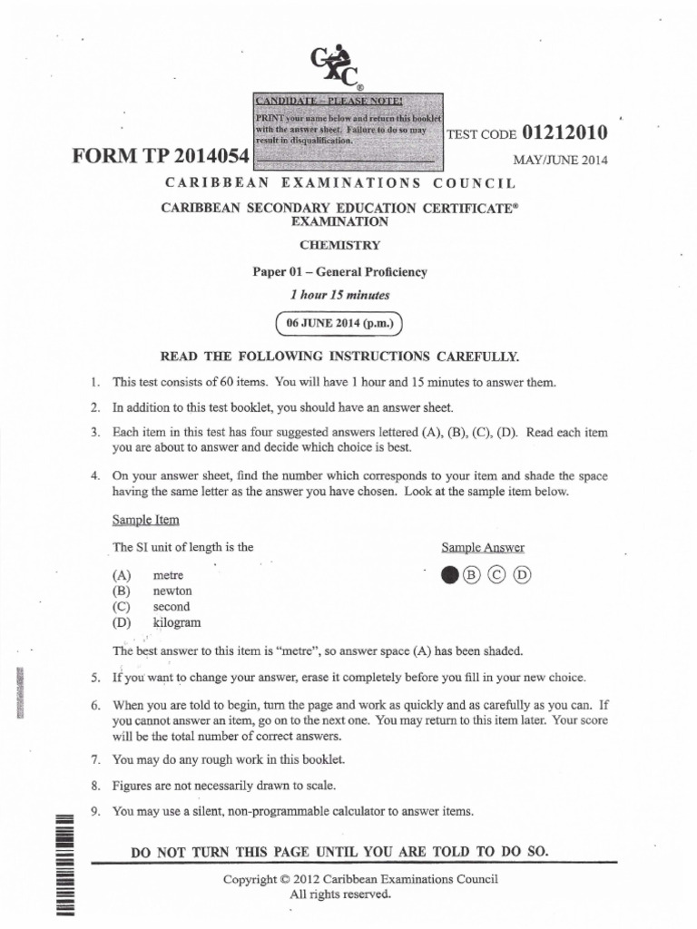 CSEC Chemistry 2014-2023 Paper 1 Answers 2 | PDF | Redox | Acid