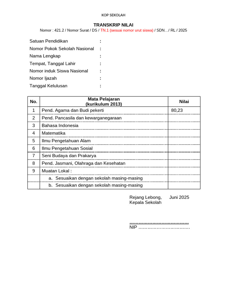 Contoh Transkrip Nilai SMP 2025 | PDF
