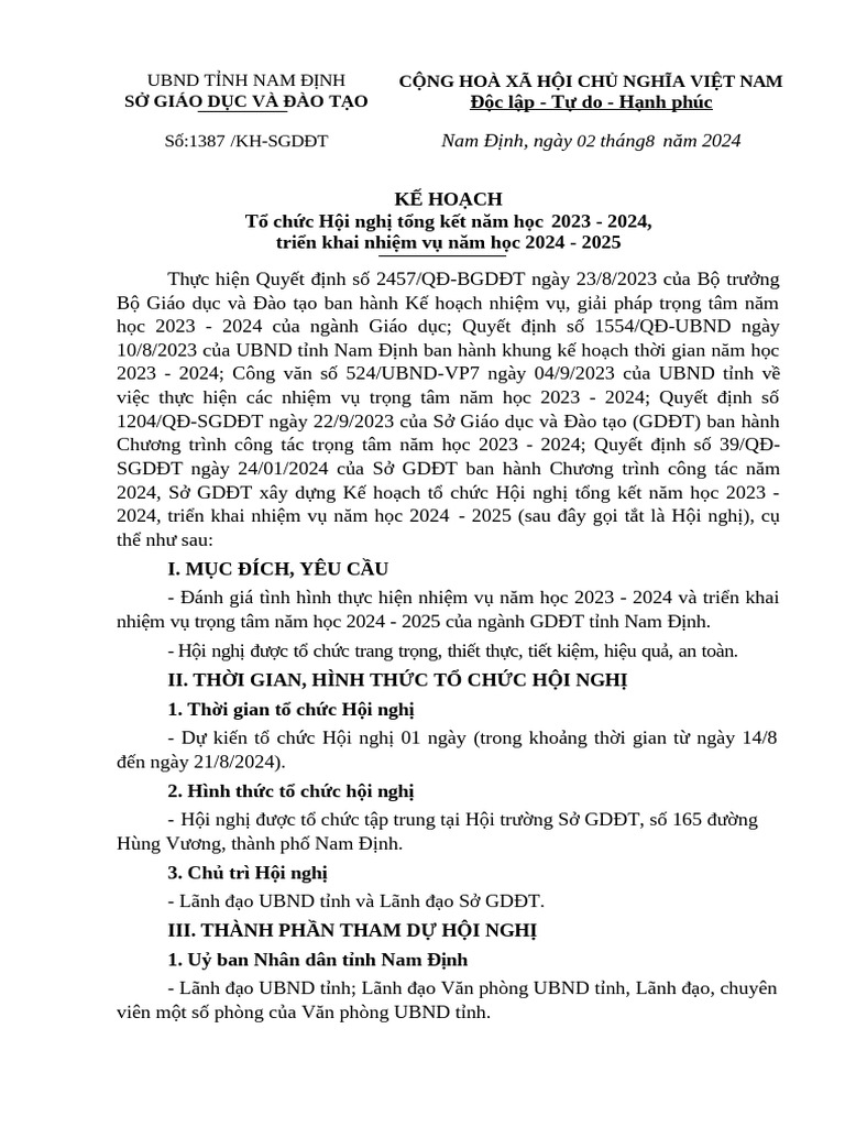 Ke Hoach To Chuc Hoi Nghi Tong Ket Nam Hoc 2024 | PDF