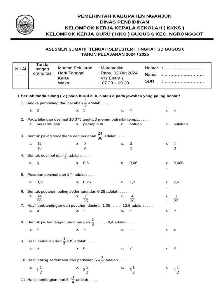 Soal MTK KLS 6 STS I 2024 | PDF