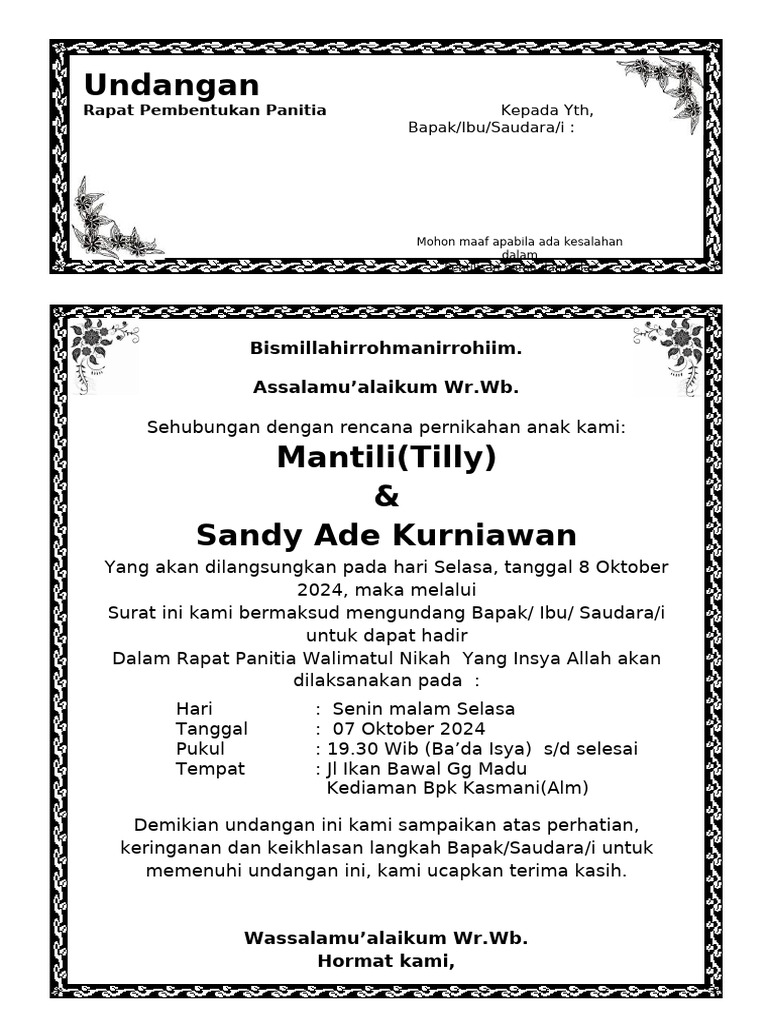 Undangan Rapat Panitia Pernikahan | PDF