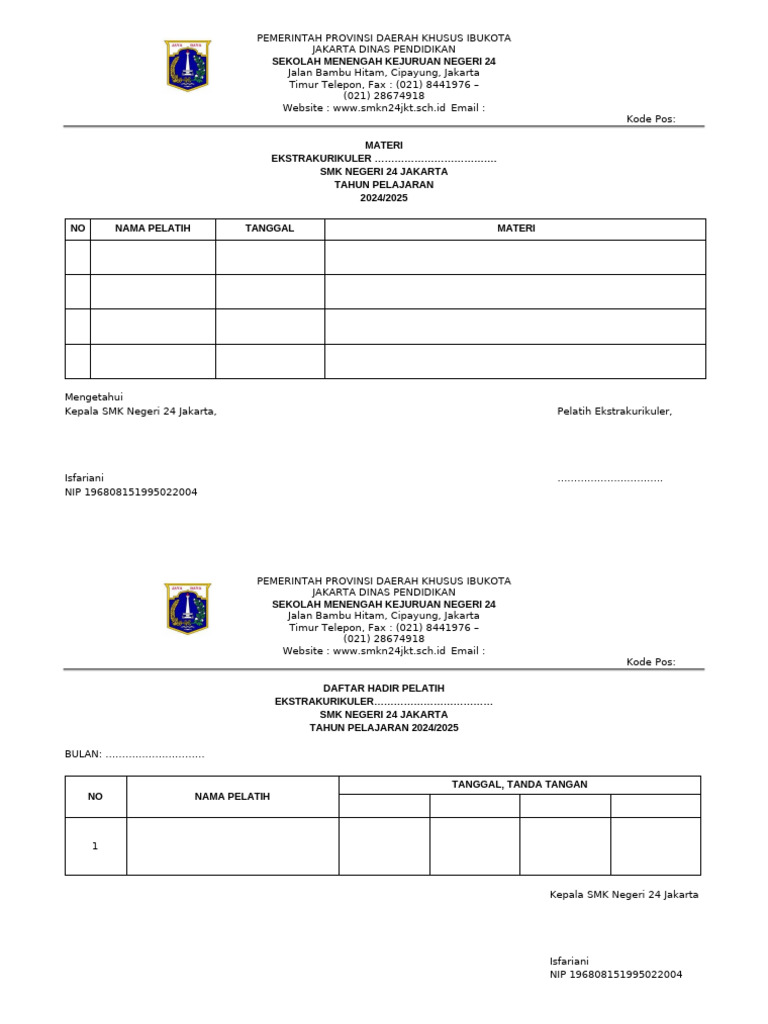 Contoh Absen Pelatih Ekstrakurikuler | PDF