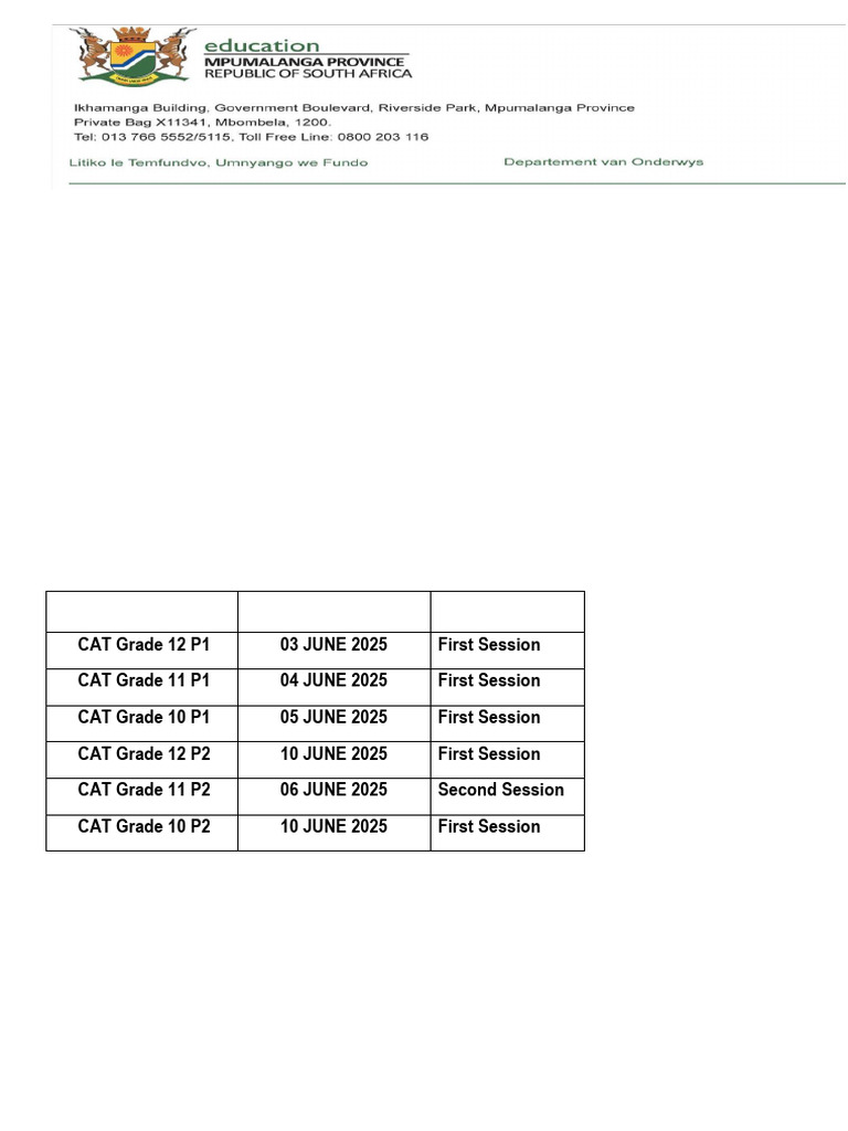 2025 CAT JUNE Exam Time Table Ehlanzeni Education | PDF