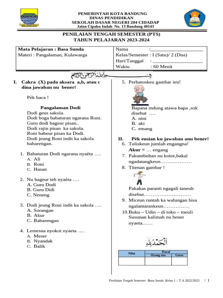 Soal Pts B.sunda - Kelas 1 - Sem 2-23-24 | PDF