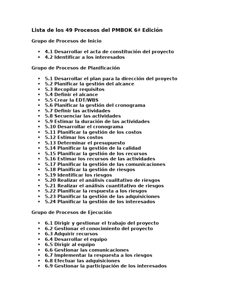 Lista de Los 49 Procesos Del PMBOK 6 Edición | PDF | Pensamiento sistémico