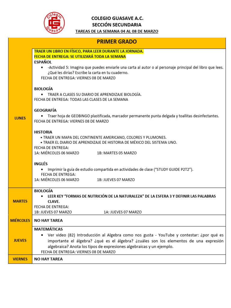 Tareas de La Semana Primer Grado 04 Al 08 Marzo | PDF