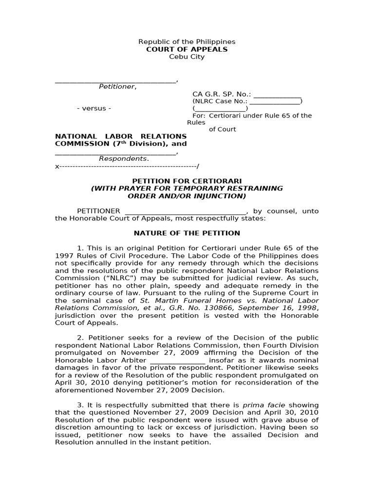 Petition For Certiorari Rule 65 | PDF | Injunction | Certiorari