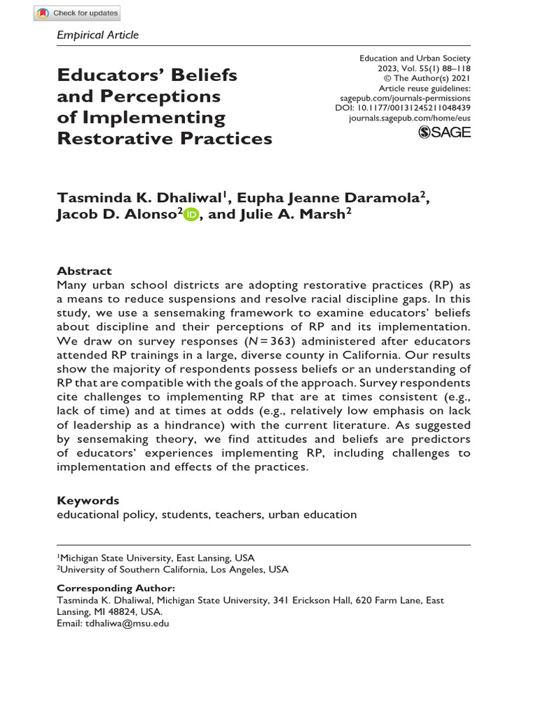 Dhaliwal Et Al 2021 Educators Beliefs and Perceptions of Implementing Restorative Practices ...