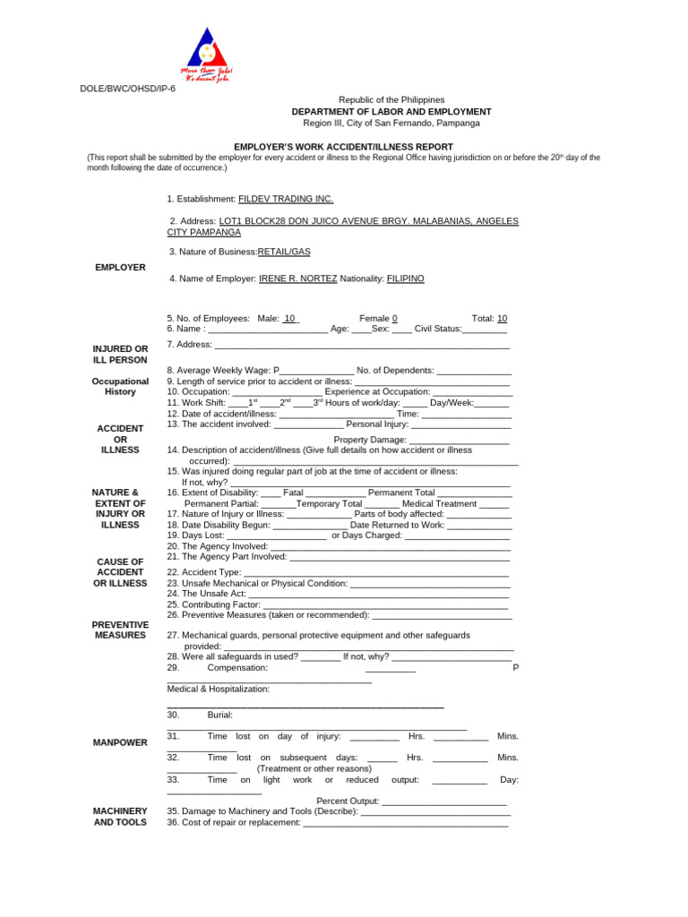 11-C Employer's Work Accident - Illness Report | PDF | Employment ...