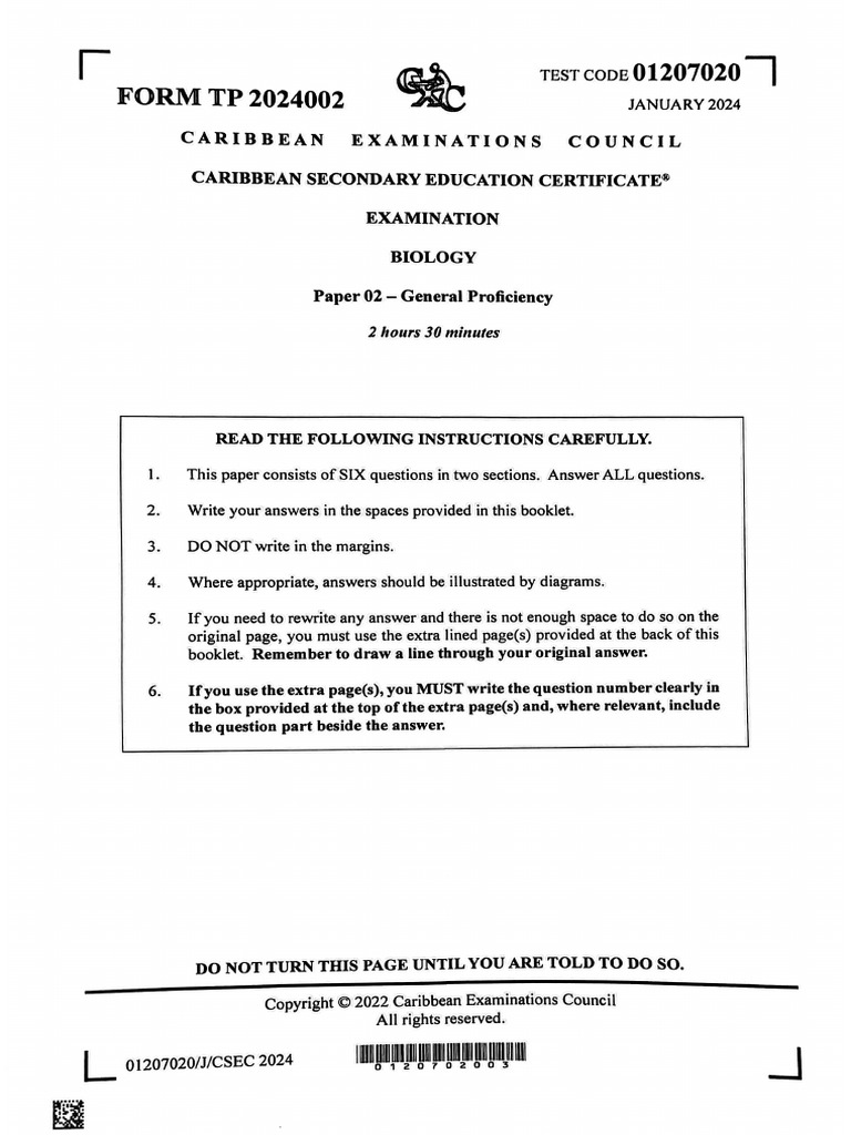 CSEC Biology Jan 2024 P2 | PDF