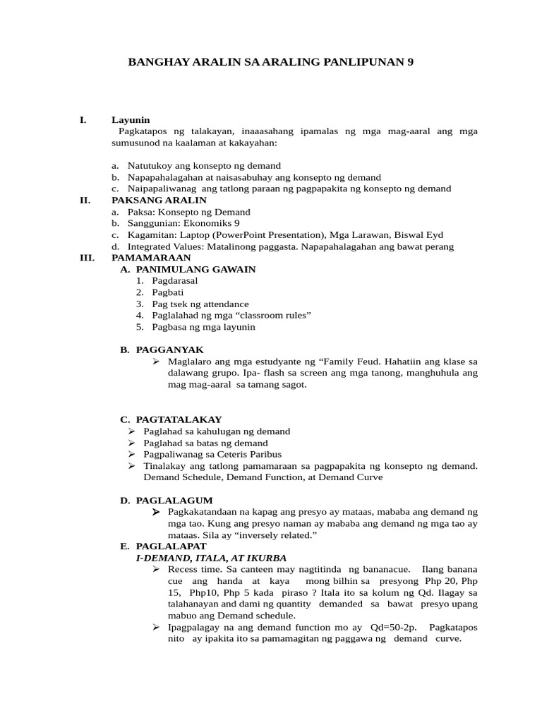 Banghay Aralin Sa Araling Panlipunan 9 | PDF