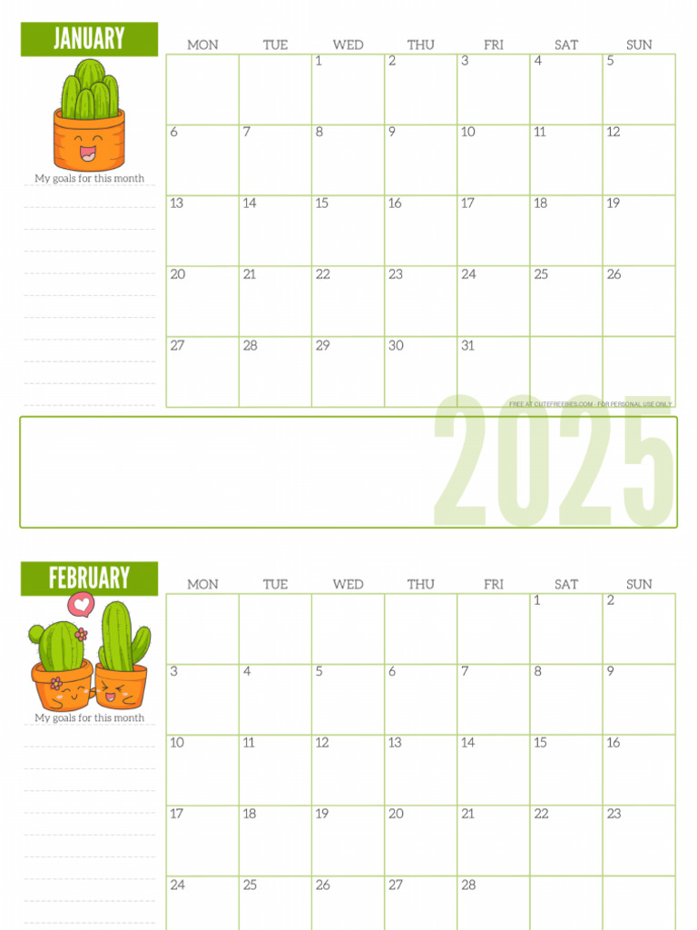 2025 Monday Calendar Cactus | PDF