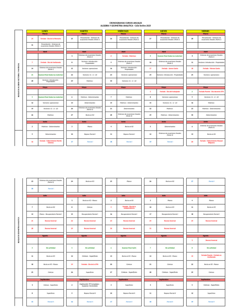 Cronograma AyGA - 2025 - V1 | PDF | Valores propios y vectores propios | Mapa lineal
