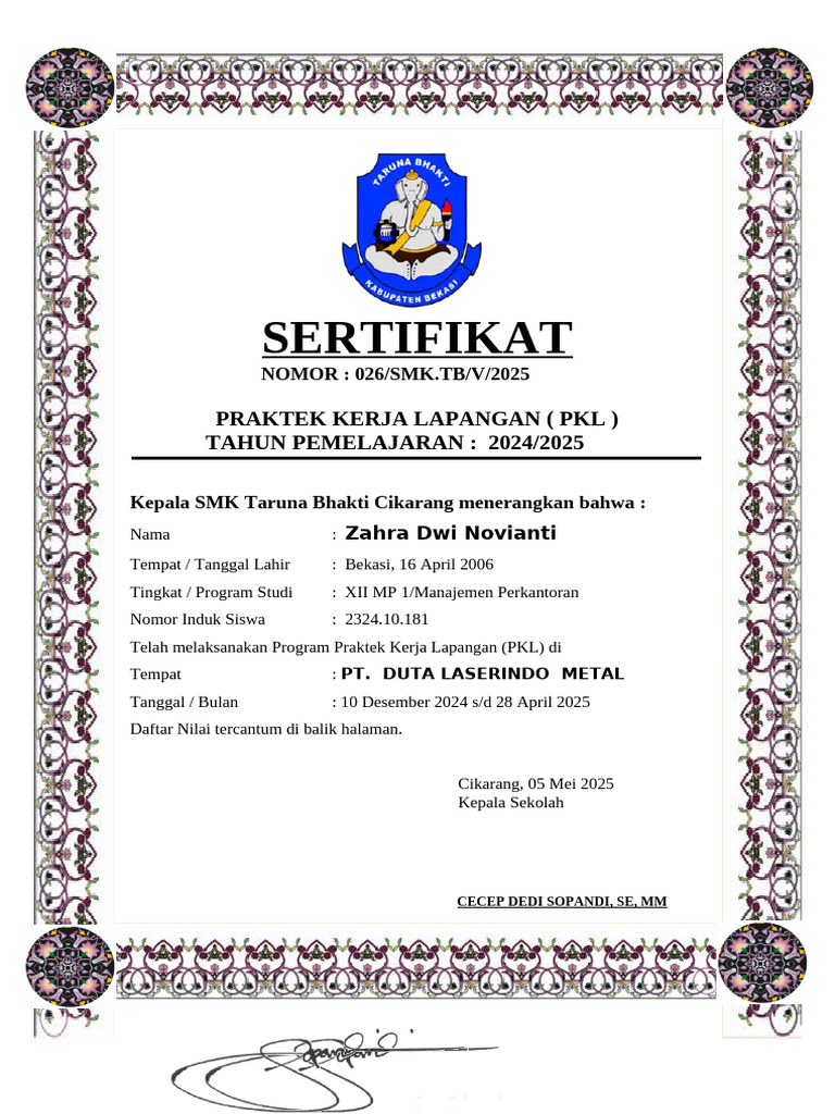 Sertifikat PKL_Hal 1 | PDF