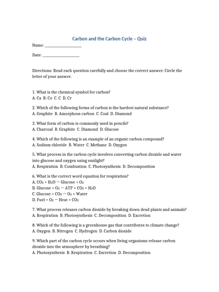 Carbon and The Carbon Cycle Quiz | PDF