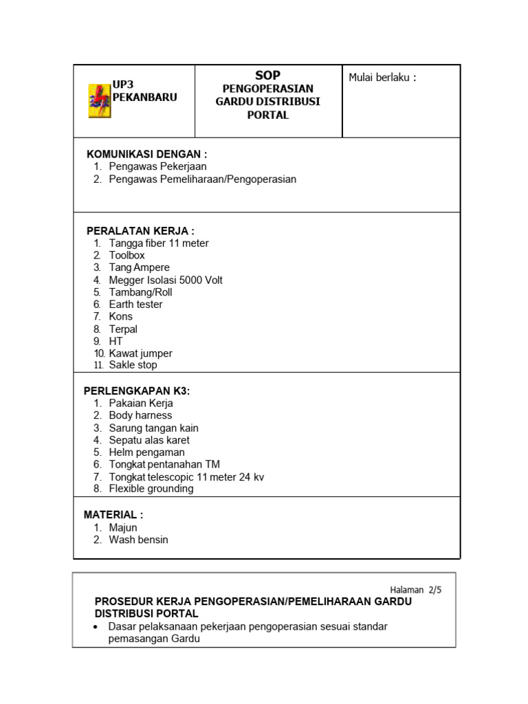 9 SOP Pengoperasian Gardu Distribusi PKU | PDF