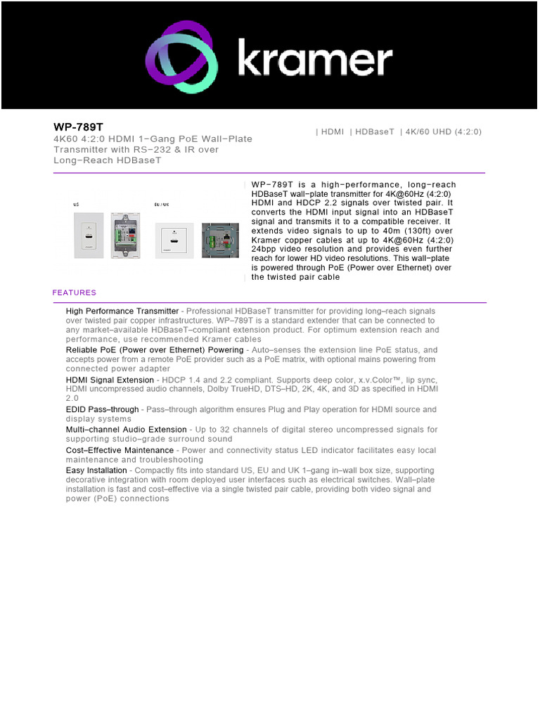 Kramer WP-789T Datasheet | PDF | Hdmi | Electronics