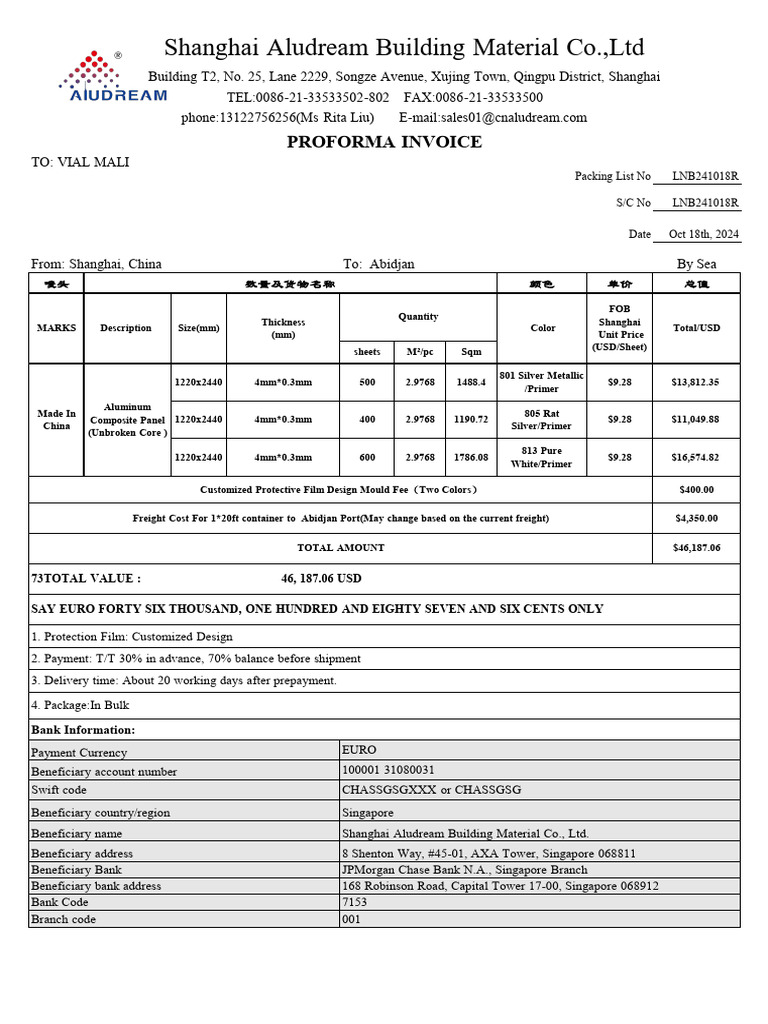 USD Unbroken Proforma Invoice LNB241018R | PDF | Foreign Exchange ...