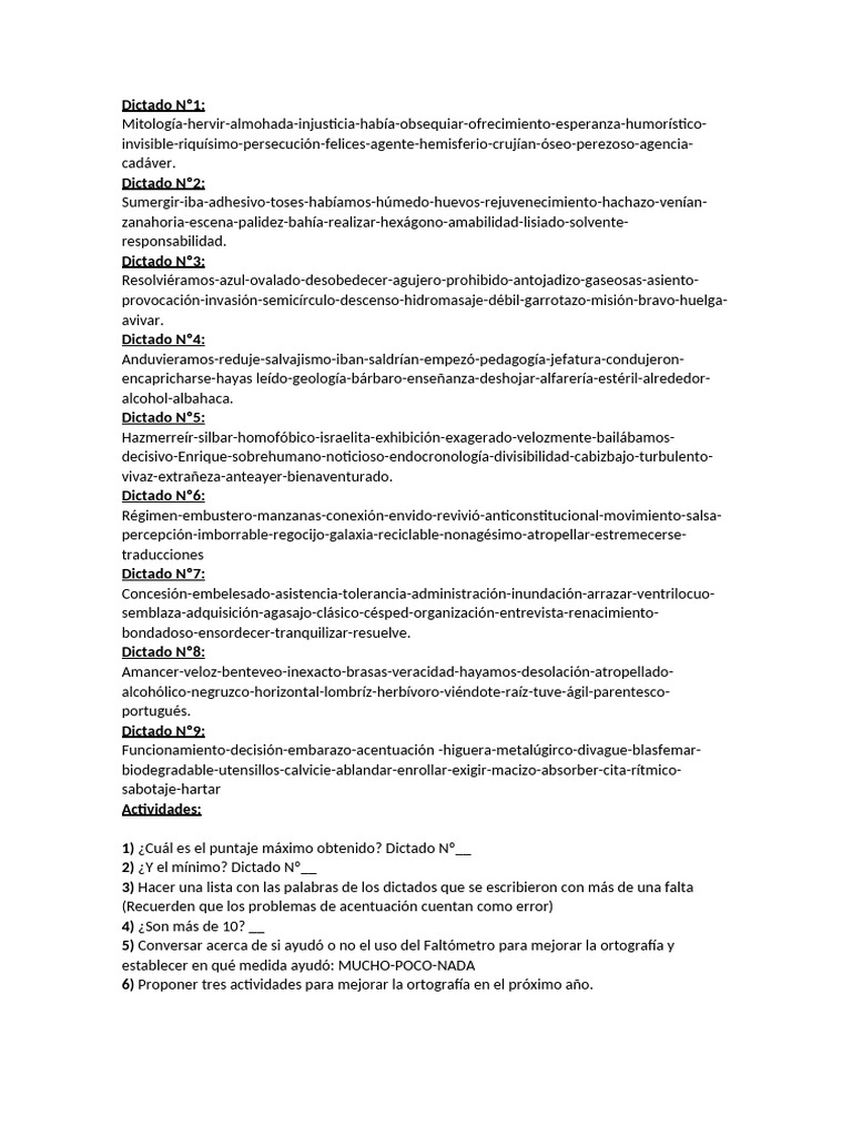 Dictado de Palabras Ortografia Nº1 | PDF