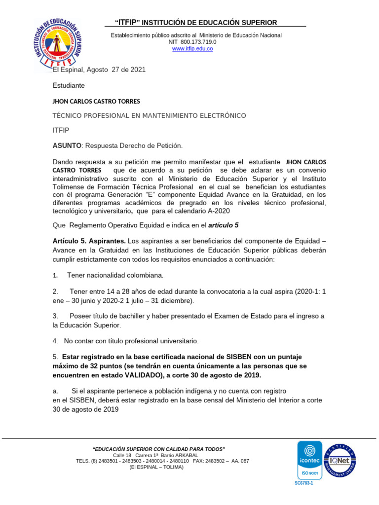 Respuesta Derecho de Peticion - Jhon Carlos Castro Torrez | PDF