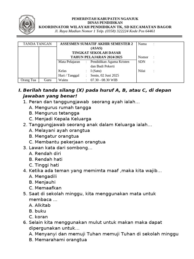 ASAS Genap 2-6-2025 Pend Agama Kristen TA 2024.2025 KLS 1-5 Bagor | PDF