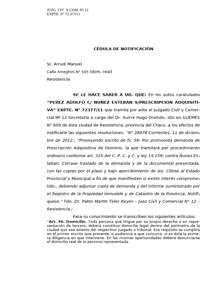 Cédula Traslado de Demanda | PDF | Demanda judicial | Justicia