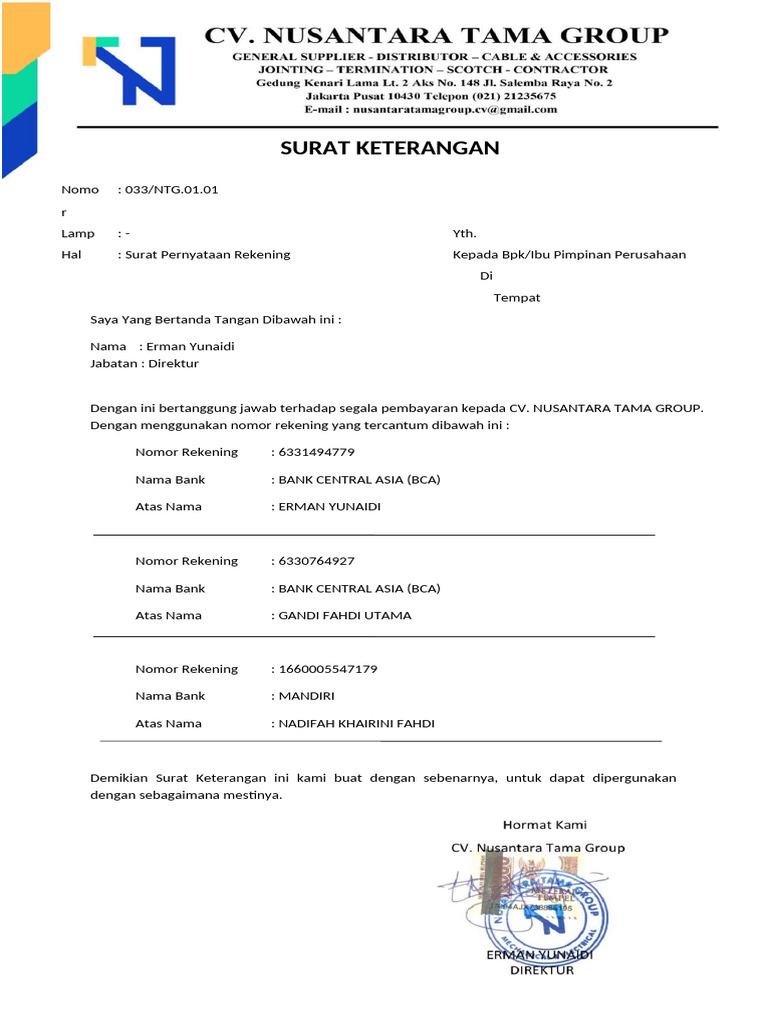 Surat Perubahan No Rekening | PDF
