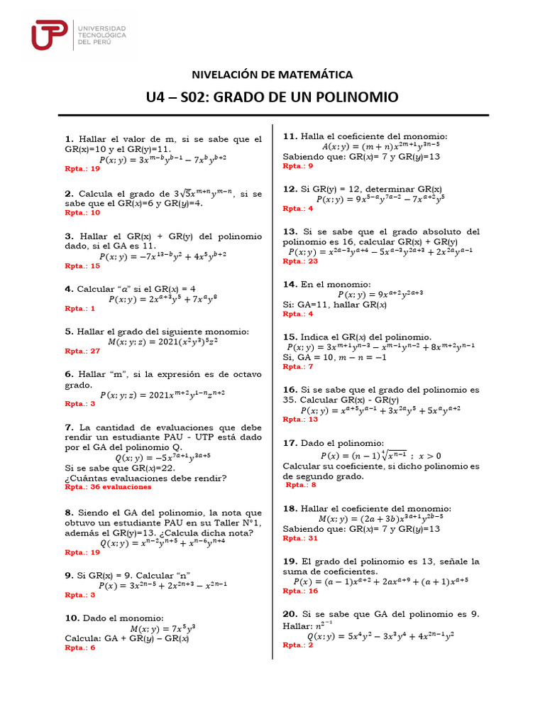 U4 - S02 - Grado de Un Polinomio | PDF | Álgebra | Álgebra abstracta