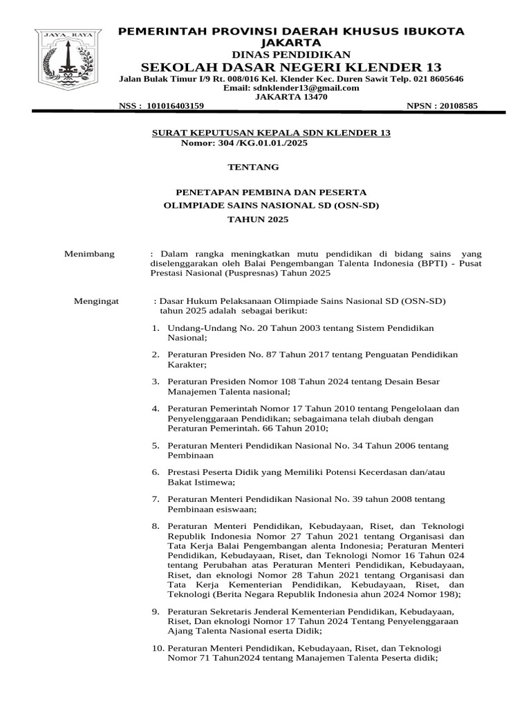 SK Penetapan Pembina Dan Peserta OSN | PDF