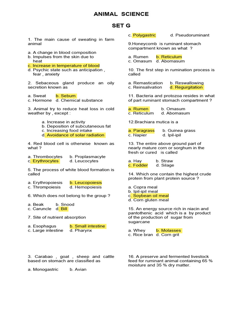 Animal Science - 100 Q A Set g1 | PDF | Muscle | Vitamin