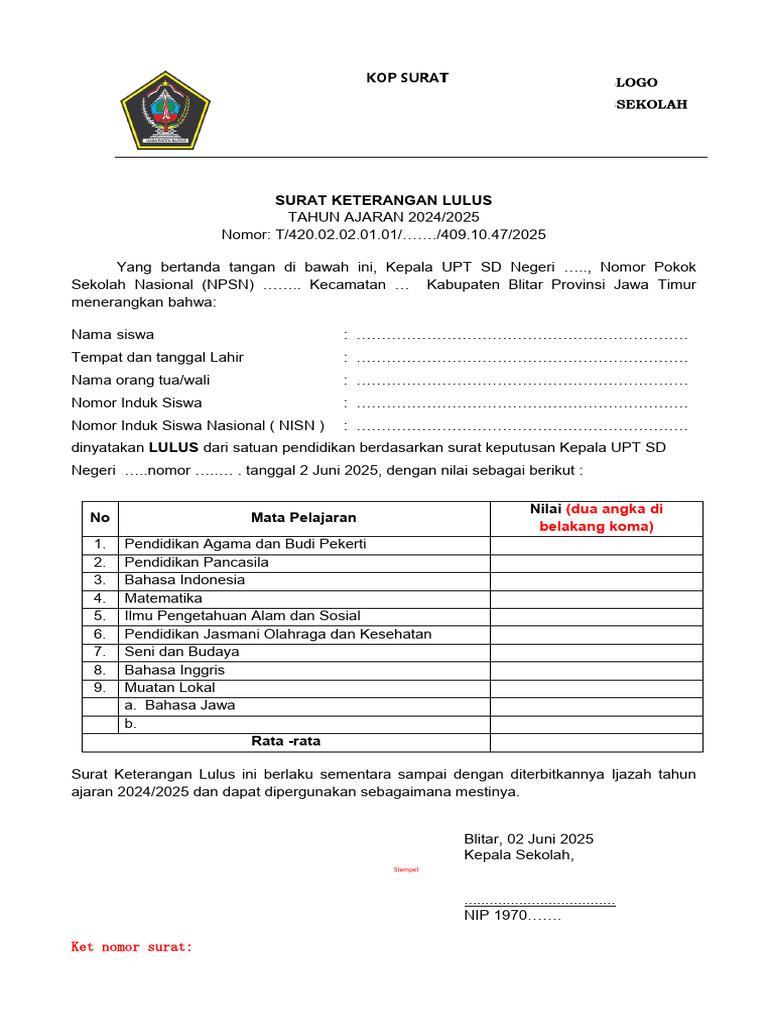 Contoh Surat Keterangan Lulus SD | PDF