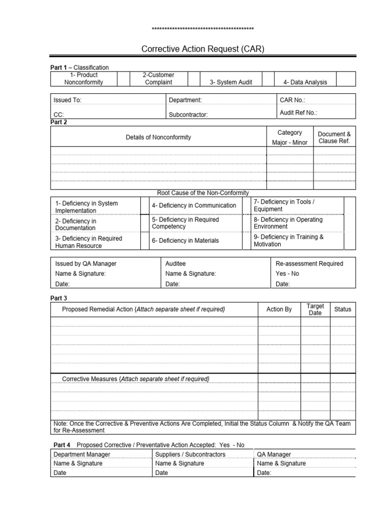 Corrective Action Request (CAR) | PDF