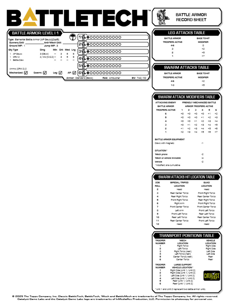 Elemental Battle Armor Record Sheet | PDF | Battle Tech | Gaming