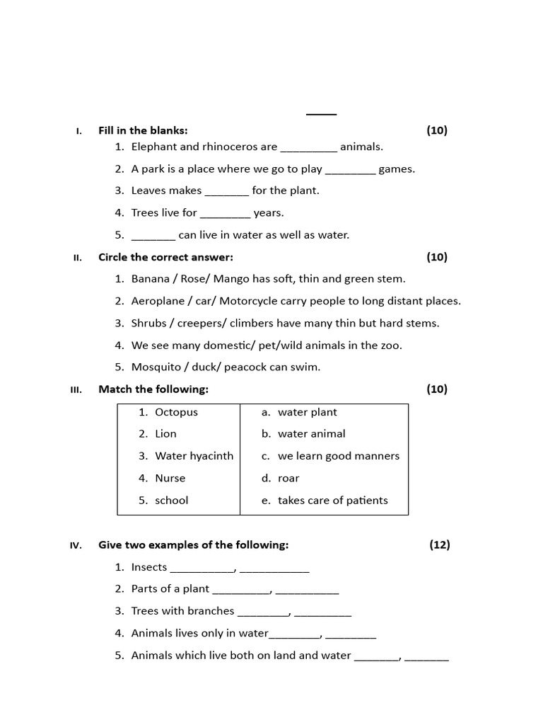 Class 1 Sample Paper Evs | PDF | Zoology | Organisms