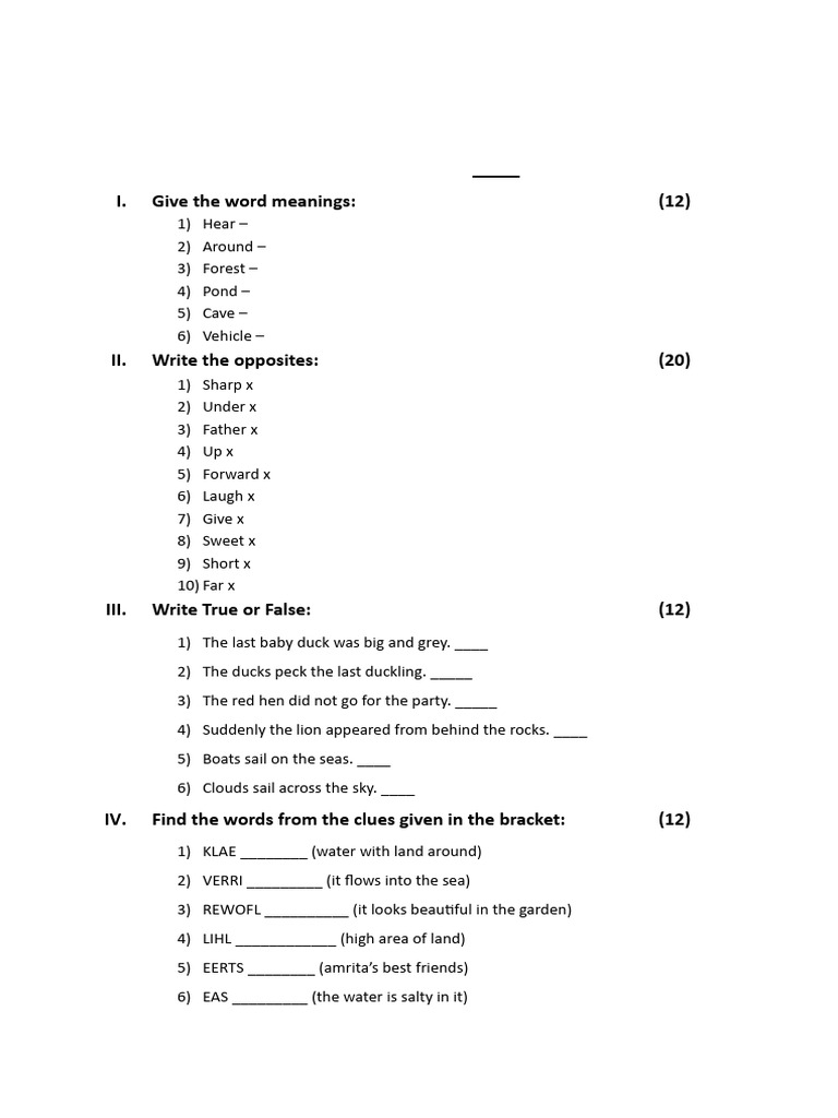 Sample Paper Class 1 ENG 2 | PDF