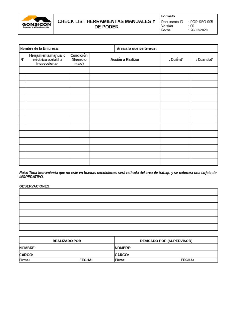 FOR-SSO-005 - Check List Herram Manual y Poder | PDF