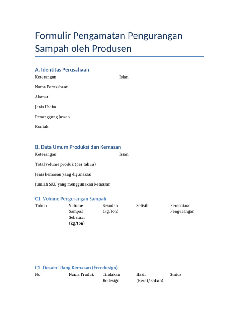 Formulir Pengamatan Pengurangan Sampah | PDF