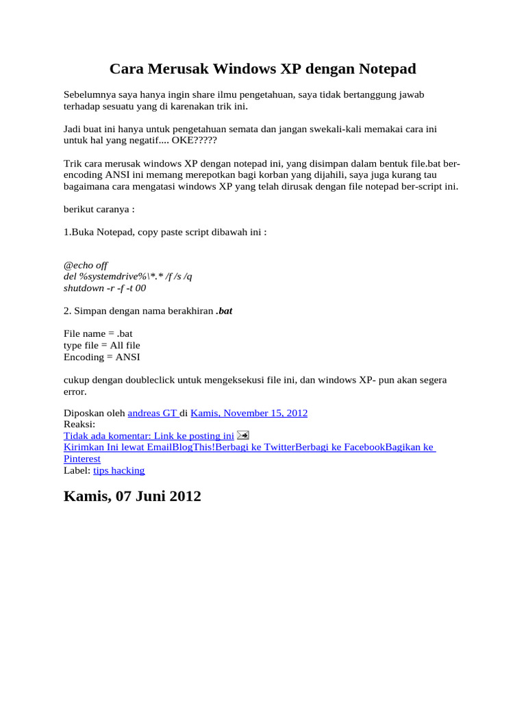 Cara Merusak Windows XP Dengan Notepad | PDF