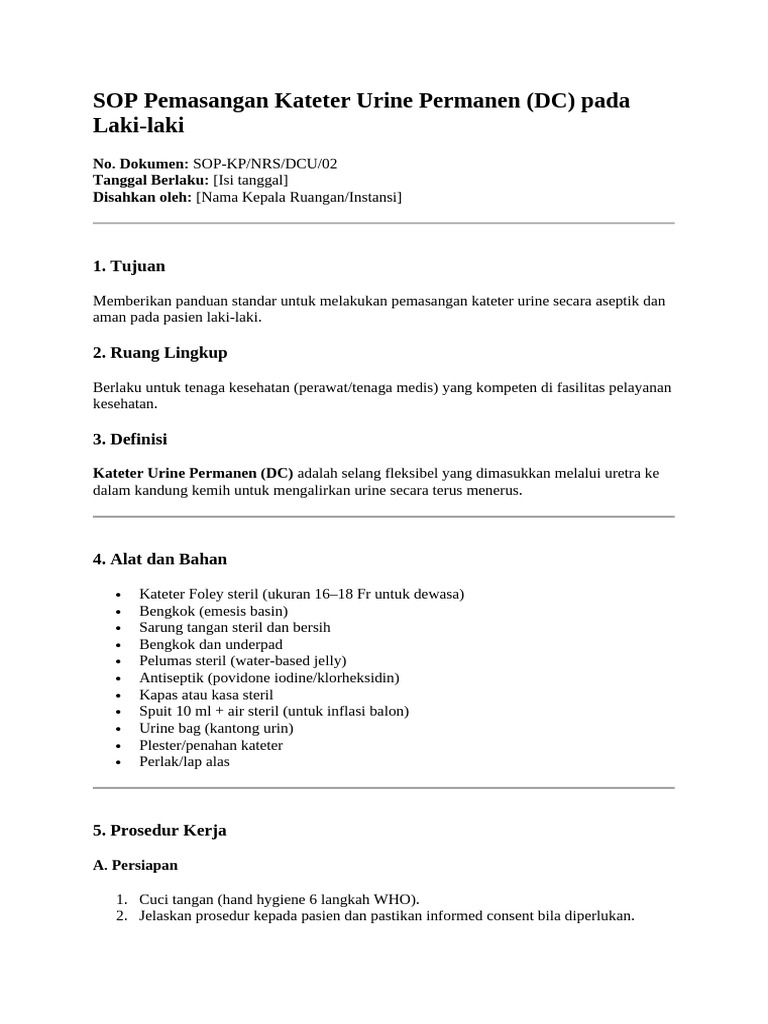 SOP Pemasangan Kateter Urine Permanen | PDF