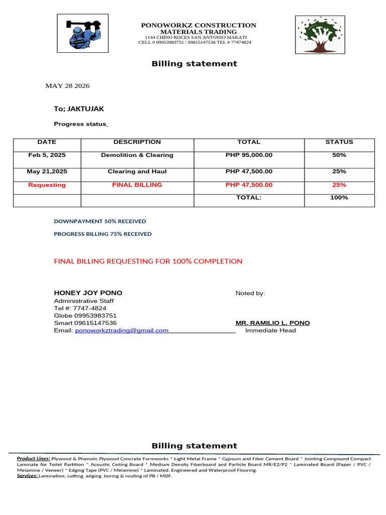 Progress Billing Template | PDF | Lamination | Wood Products