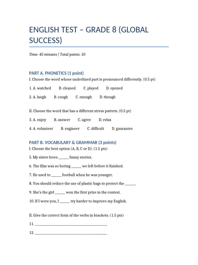 Grade 8 English Test: Phonetics & Grammar | PDF | English Language ...