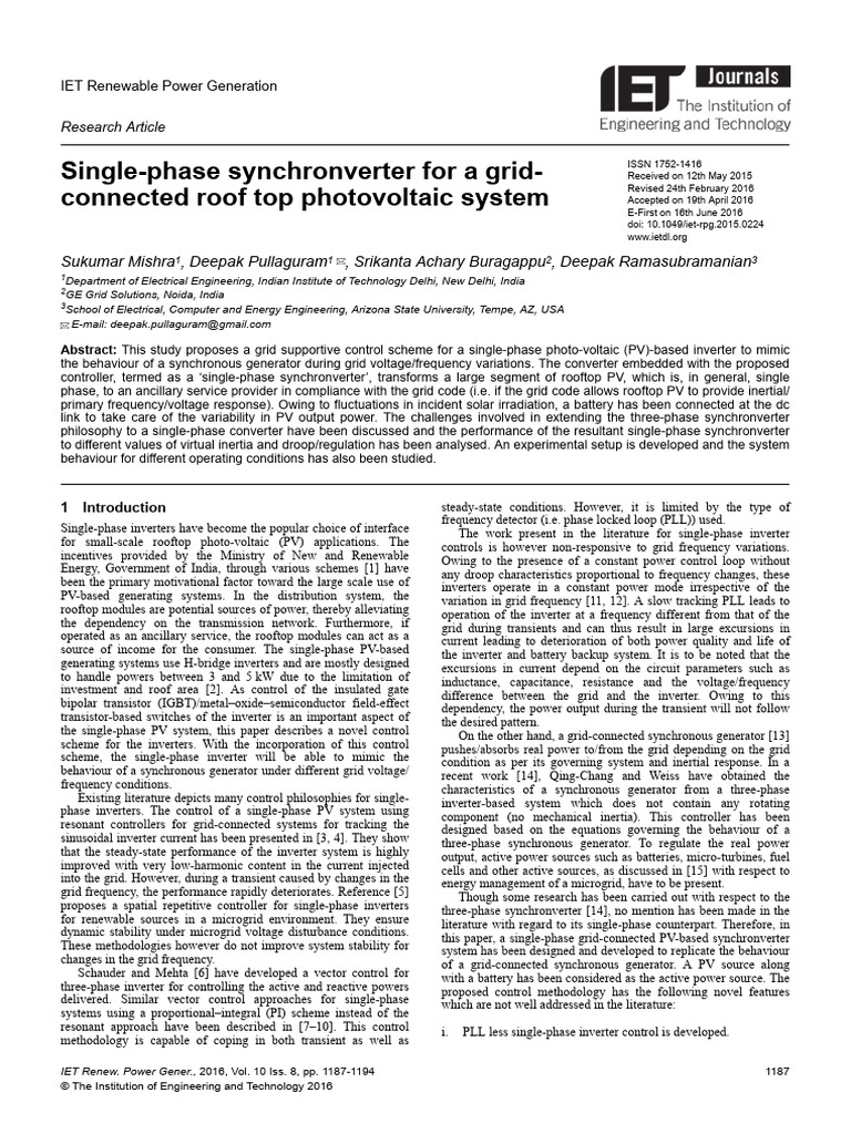 Single-Phase Synchronverter Fod Roof Top Photovoltaic System 1 | PDF | Power Inverter ...