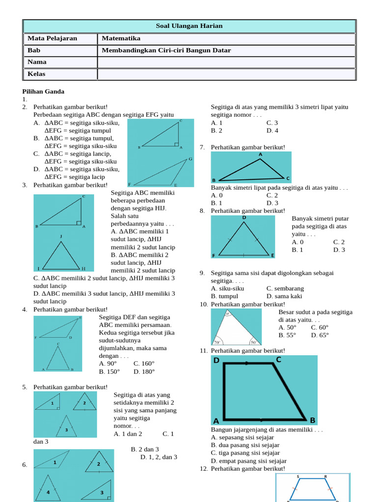 Soal Ulangan Harian MTK Membandingkan Bangun Datar | PDF