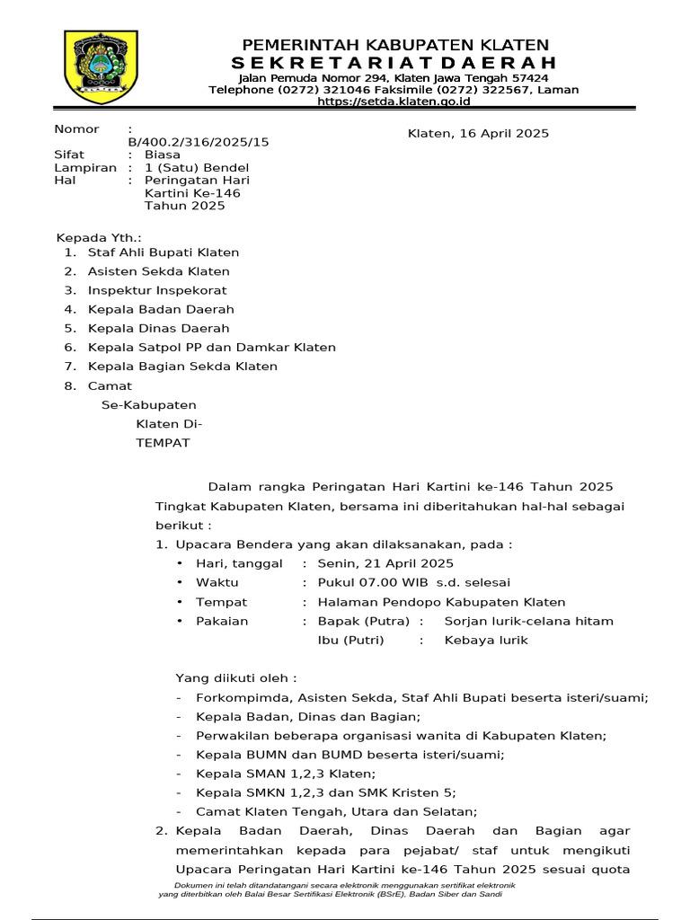 Surat Edaran Hari Kartini (KOP SETDA) | PDF