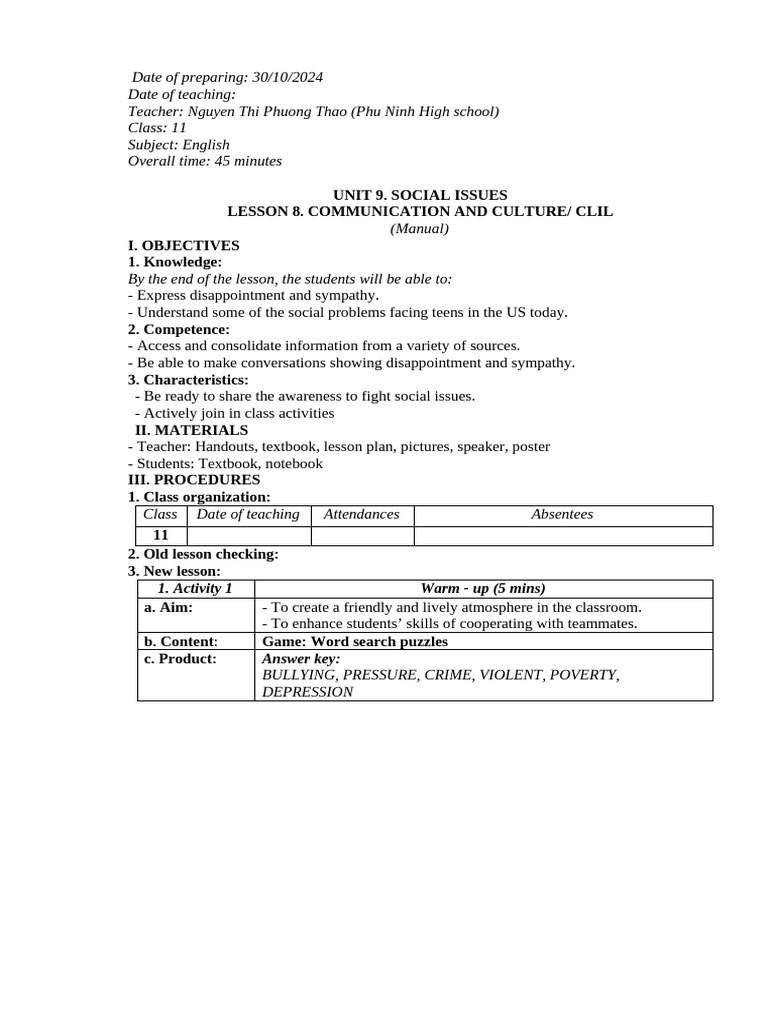 Lesson Plan - UNIT 9. SOCIAL ISSUES - COMMUNICATION. CLIL | PDF | Adolescence | Anxiety